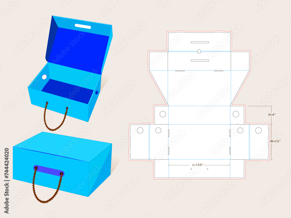 Rope Handle Shoe Box Die line template of Medium size 13 x 7.5 x 4 Inch ...