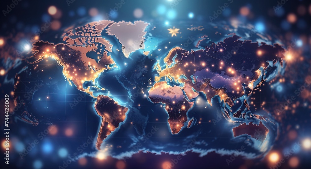 Digital world map illuminated with active trade routes and commerce ...