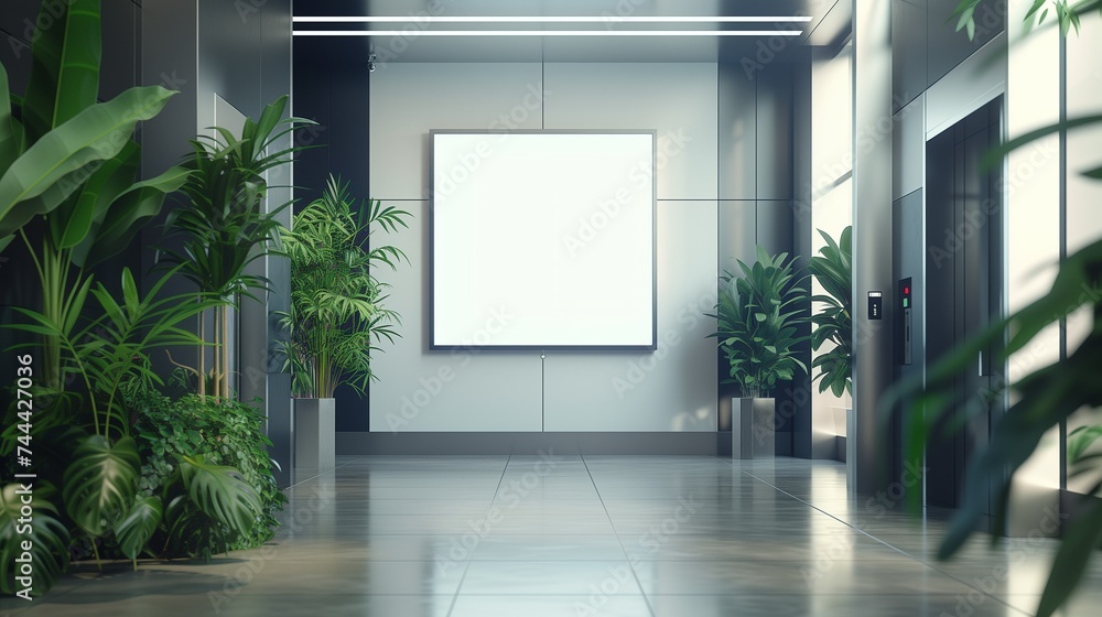 Office hallway with LCD screen. An elegant office lobby features a ...