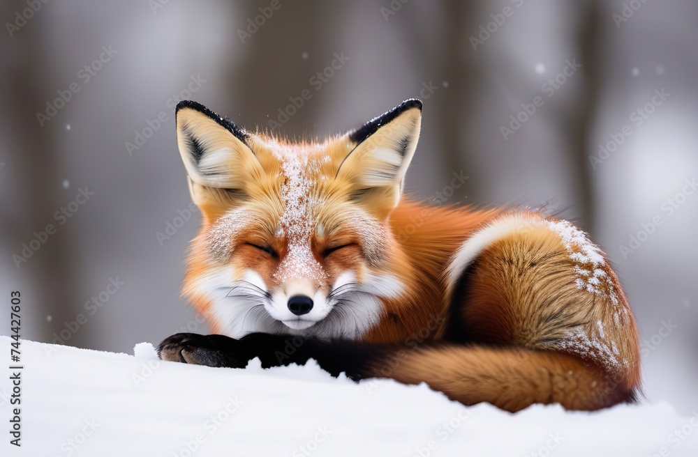 a red fox sleeping in the snow with its eyes closed and it's head ...