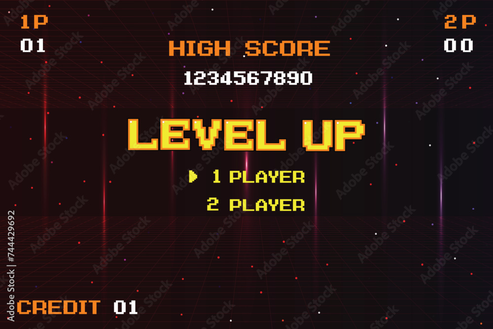 LEVEL UP . Synthwave wireframe net illustration. pixel art .8 bit game ...