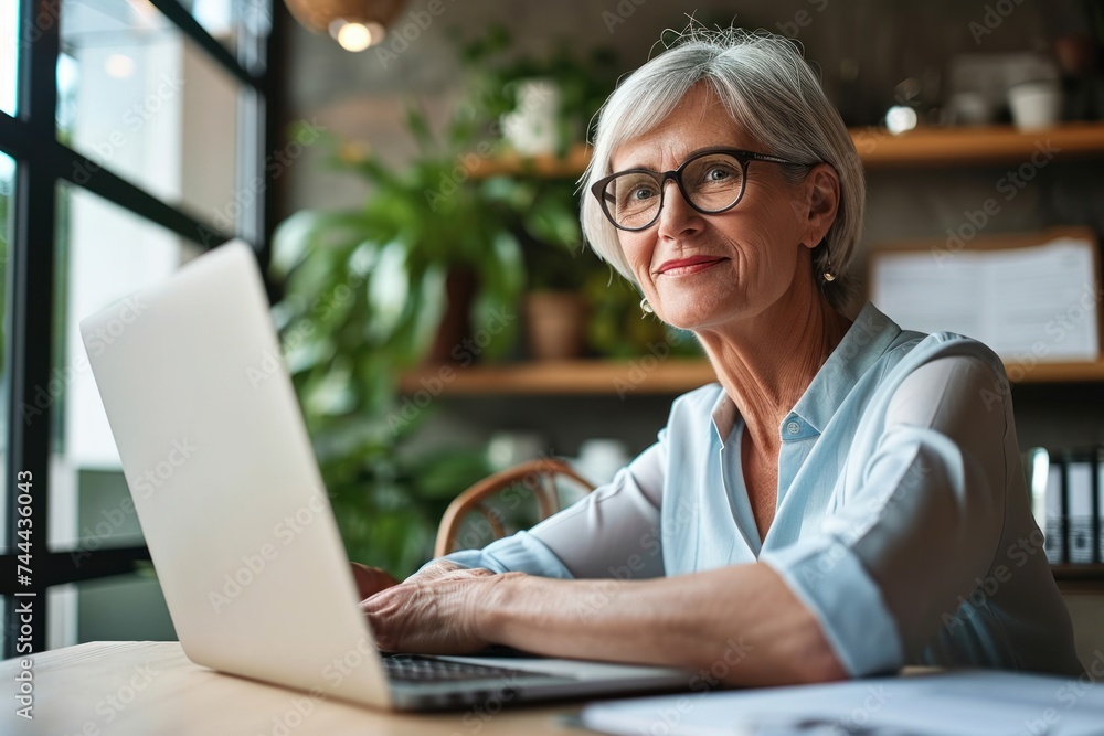 Smiling mature middle aged businesswoman using laptop working on ...