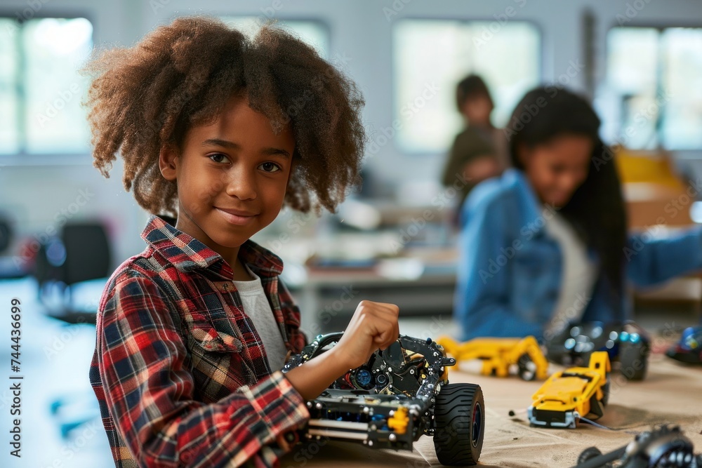Happy African American junior school kid holding robotic car looking at ...