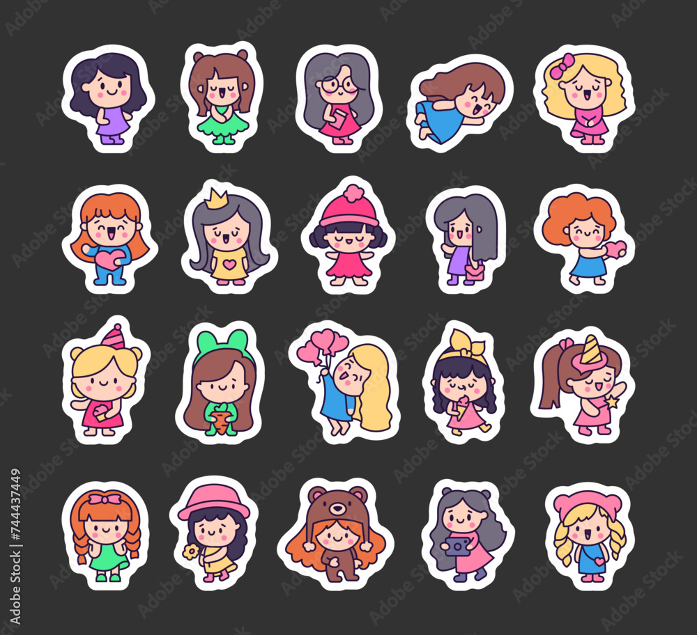 Cute kawaii little girl. Sticker Bookmark. Happy kid cartoon character ...