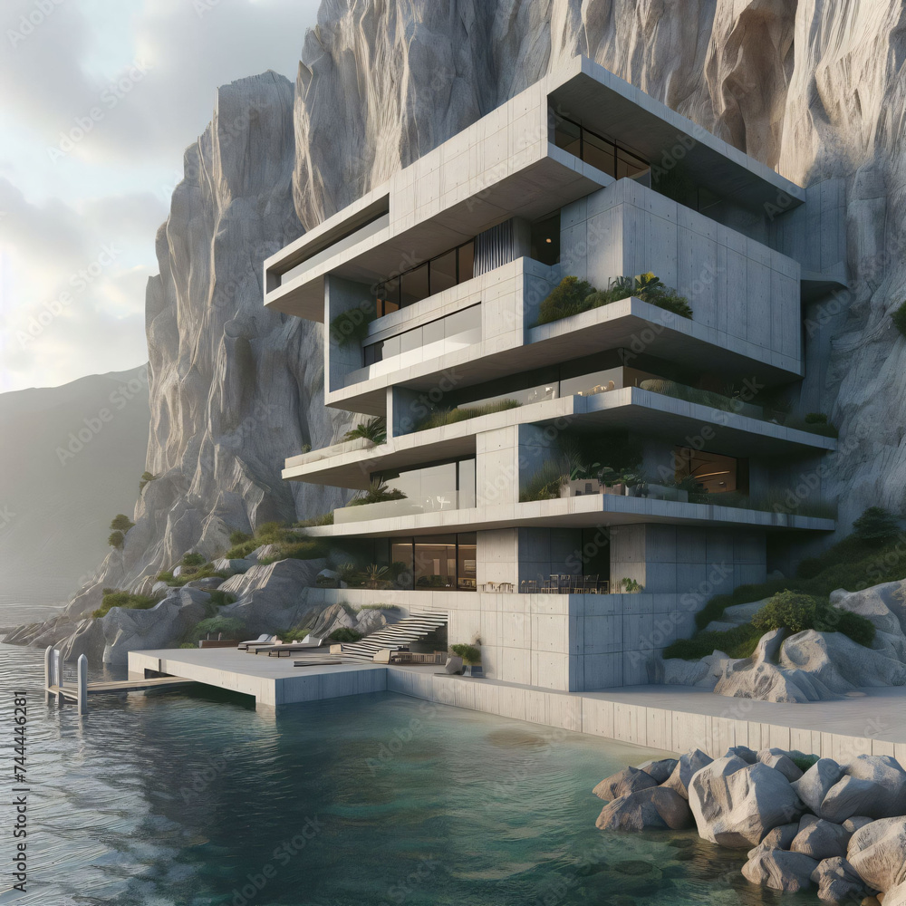 An elegant cliff house exterior, perched with grace, offers ...