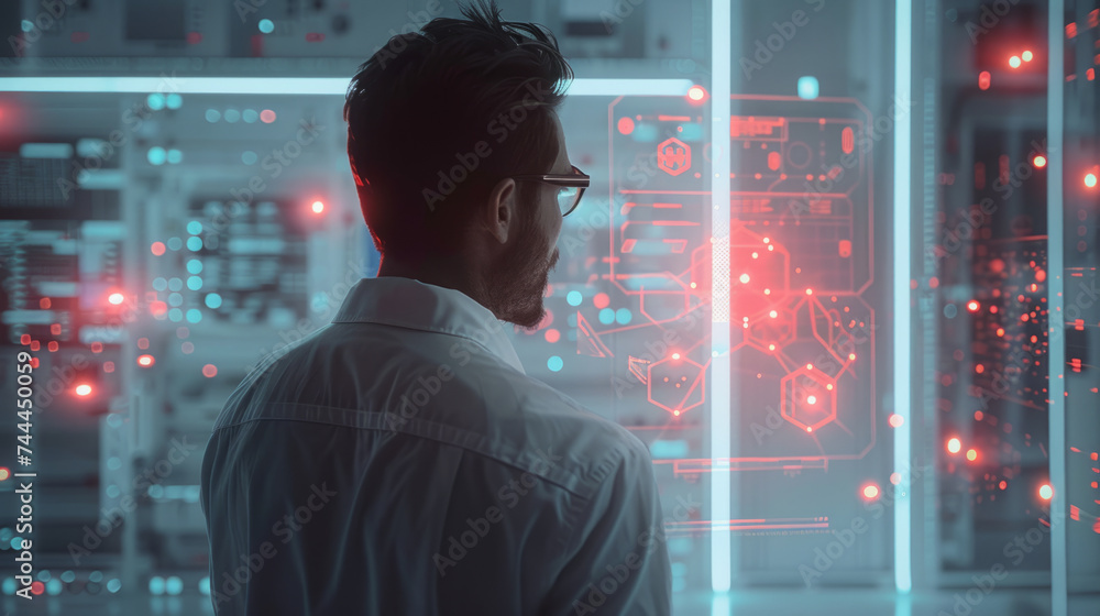 A professional man in glasses is depicted from a rear view, observing ...