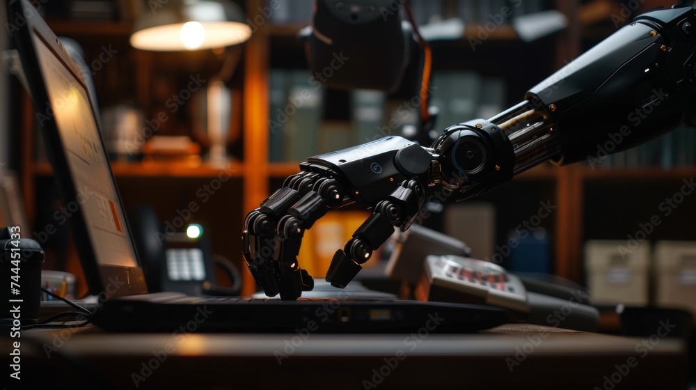 Robot typing on a computer keyboard - automation and AI research Stock ...