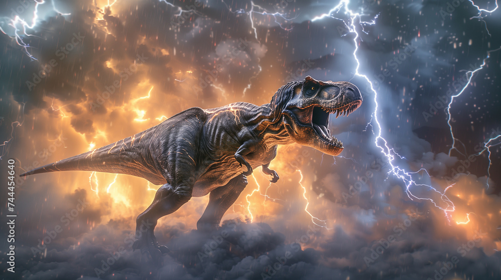 Lone Tyrannosaurus Rex stands tall amidst a raging lightning storm ...