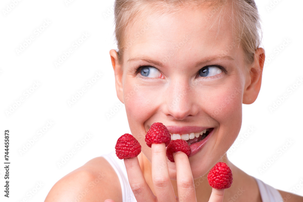Happiness, play or woman eating raspberries, fingers or health isolated ...