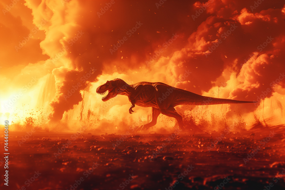 Lone tyrannosaurus rex walk across a smoke-filled landscape amidst a volcanic eruption Stock ...
