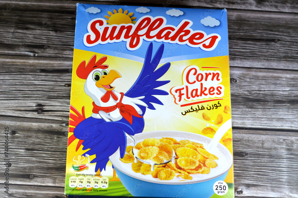 Cairo, Egypt, February 22 2024: Sunflakes corn flakes GMO free ...