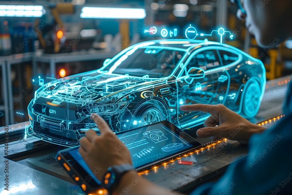 Automotive Engineer Uses Digital Tablet with Augmented Reality for Car ...
