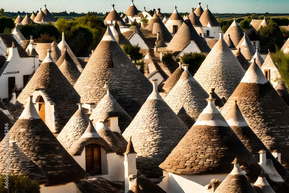 Conical roofs of trulli in Alberobello.. Each trullo is decorated with ...