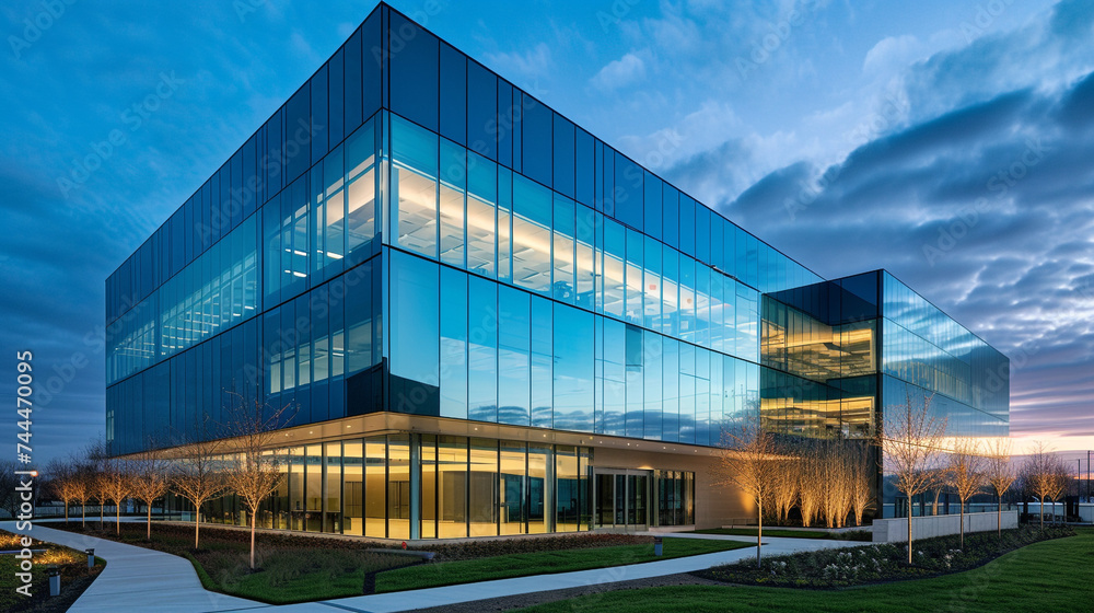 High-tech corporate headquarters with a reflective glass facade ...