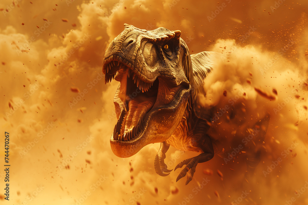 Tyrannosaurus rex is fighting and roaring with chaotic cloudy dust ...