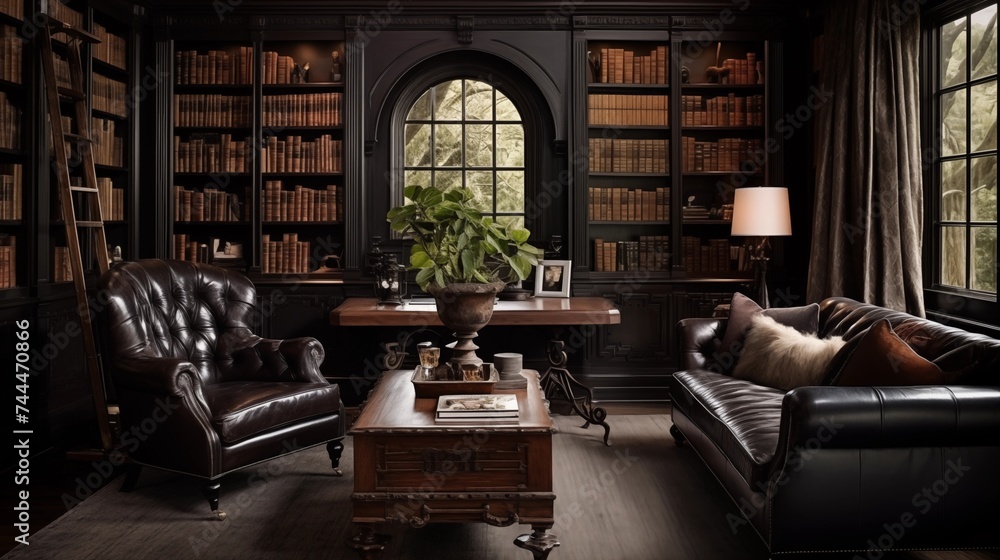 Gothic-inspired Library with Dark Wood Paneling and Velvet Wingback ...