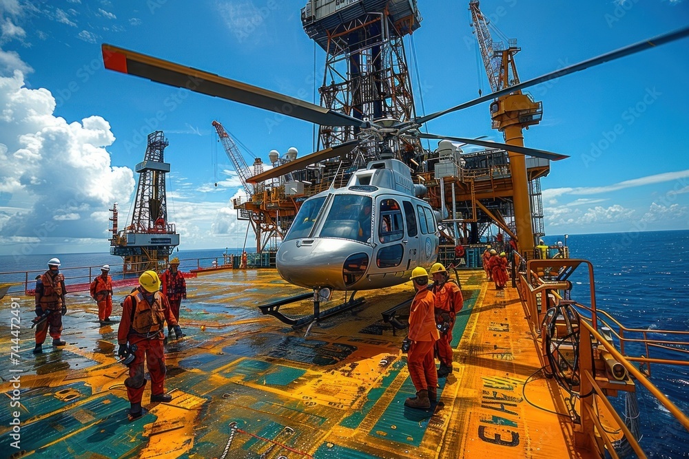 A bright orange helicopter lifts off from the wet deck of an offshore ...