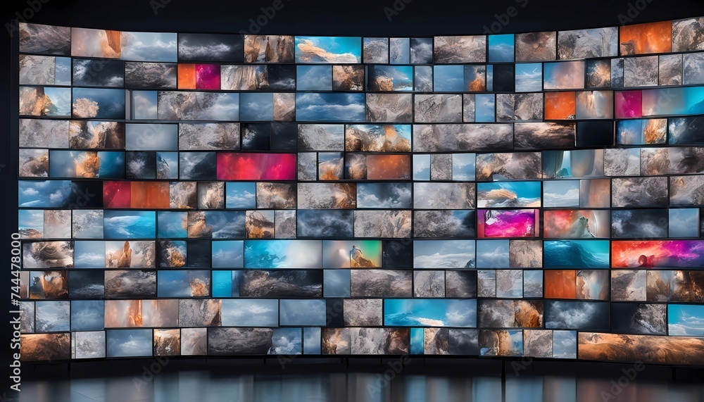 Multimedia video wall featuring images a variety of TV screens, monitor ...