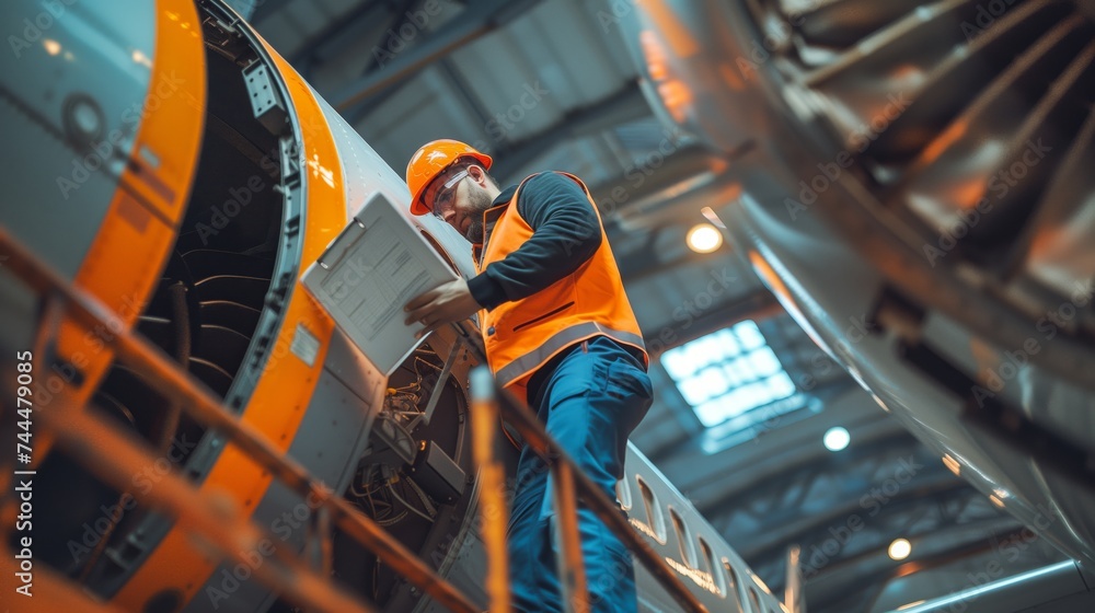 Aviation engineer climbing a ladder to inspect the top part of a ...