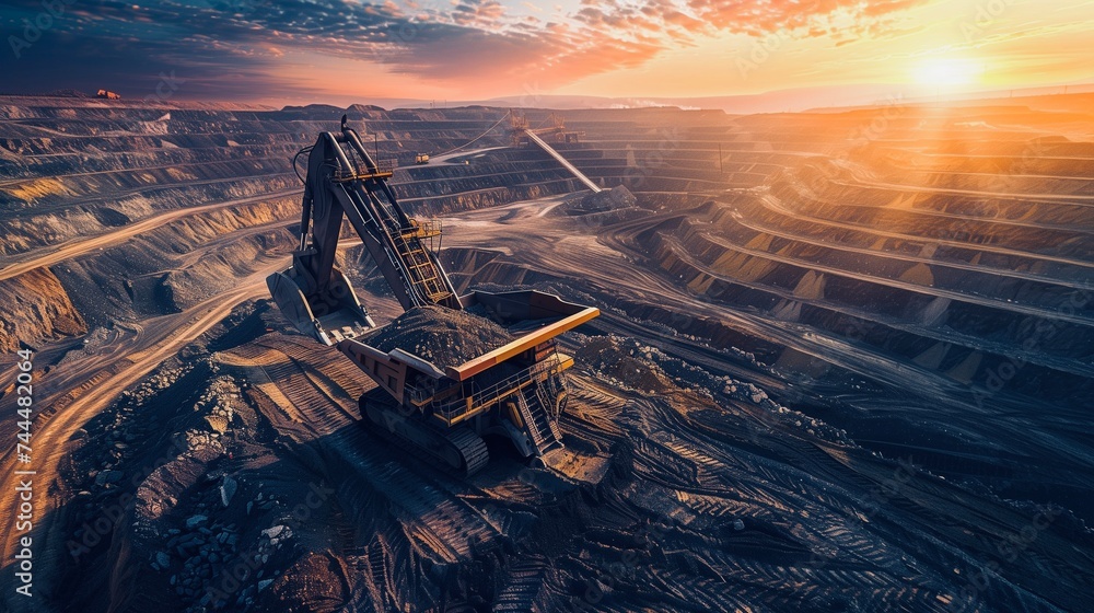 Dynamic excavator truck backhoe digger on gravel heap with big shovel ...