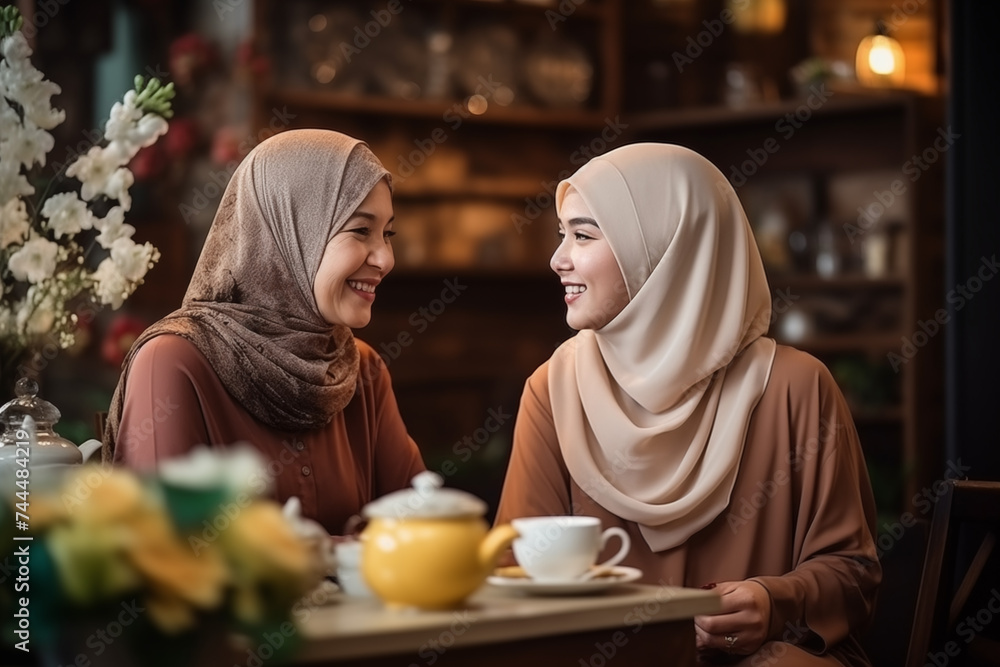 Two Muslim women engaging in a friendly conversation at a coffee shop ...