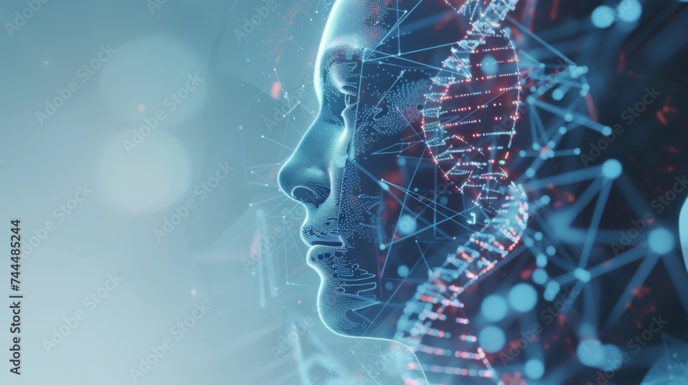 A detailed 3D rendering of a DNA molecule against a black background ...