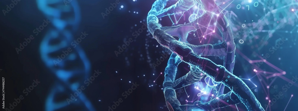 A detailed 3D rendering of a DNA molecule against a black background ...