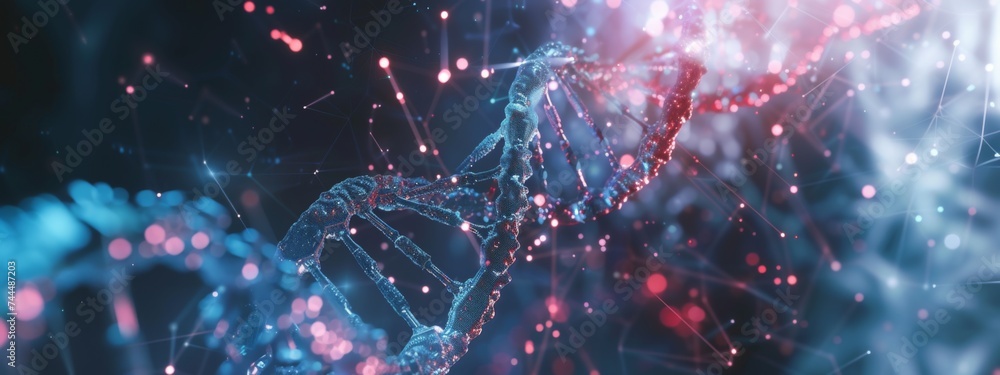 A detailed 3D rendering of a DNA molecule against a black background ...