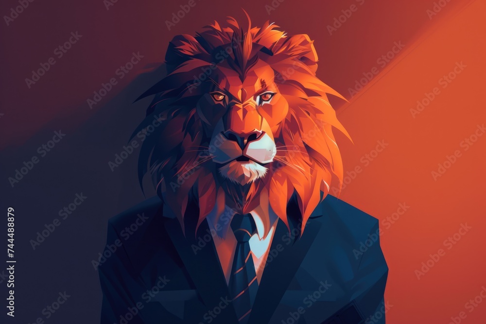 A lion confidently struts in a tailored suit and tie, exuding elegance ...