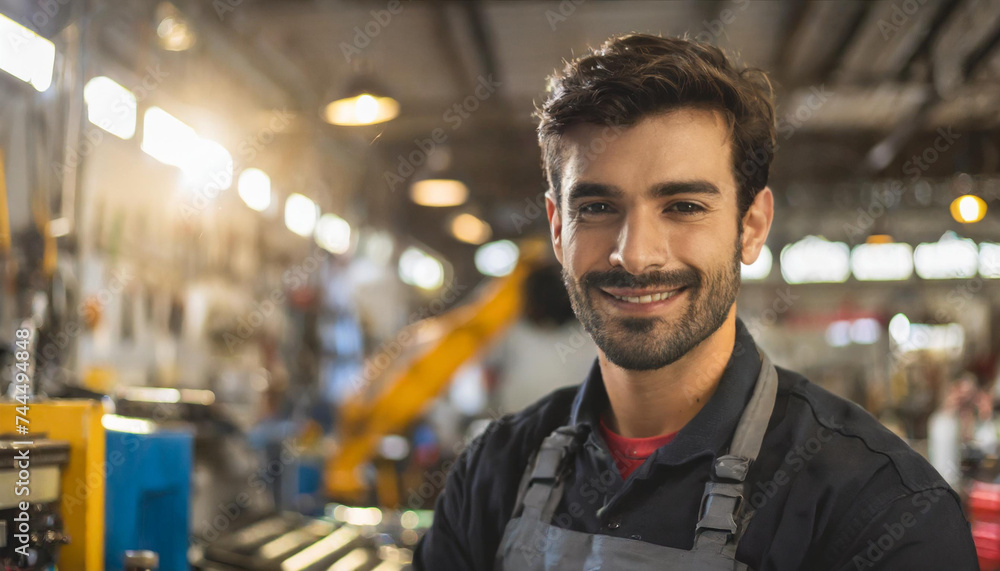 Foto de Meccanico uomo, sorridente, in un'officina meccanica do Stock ...