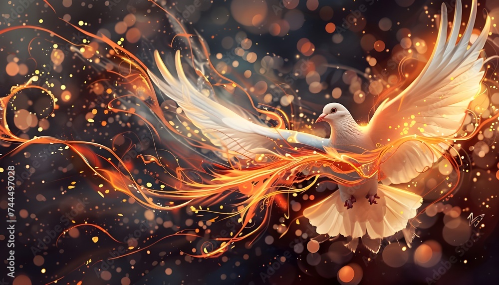 Flying white dove with fire effect on fractal burst background Stock ...