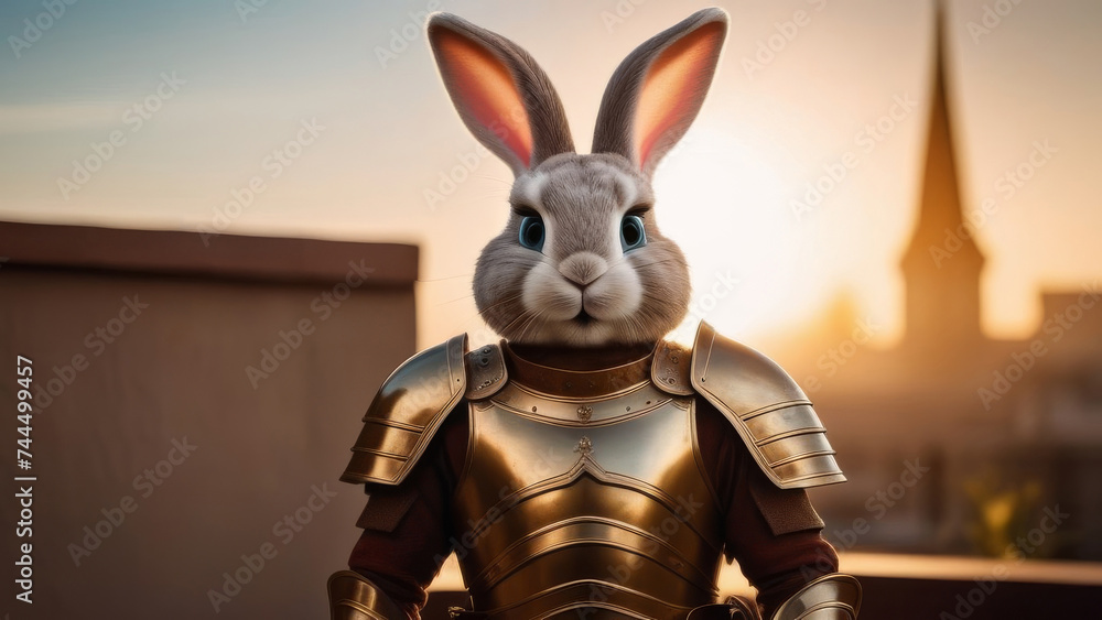 Medieval knight bunny in armor on the roof. Fairy tale history story ...