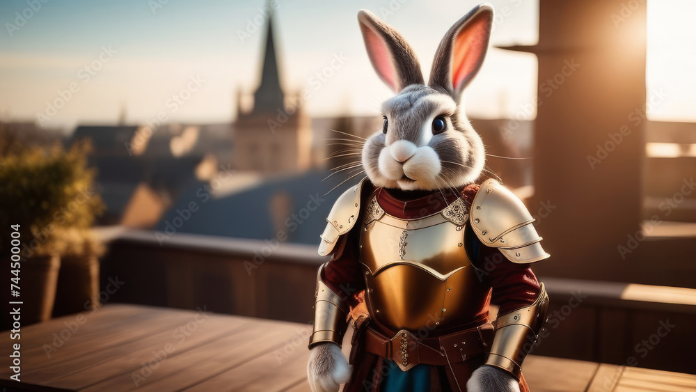Medieval knight bunny in armor on the roof. Fairy tale history story ...