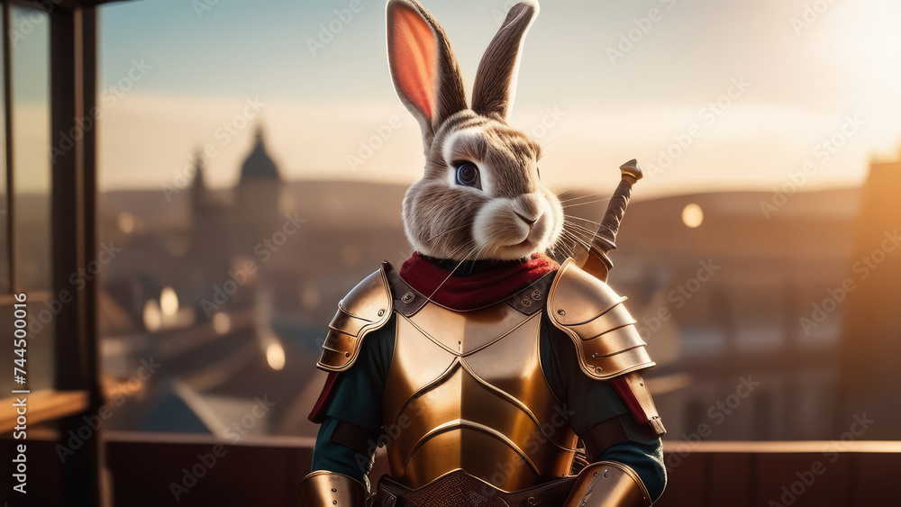 Medieval knight bunny in armor on the roof. Fairy tale history story ...