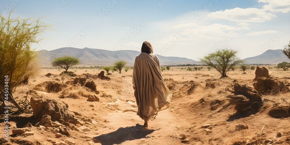 Religious man with a robe walking through arid wilderness during Lent ...