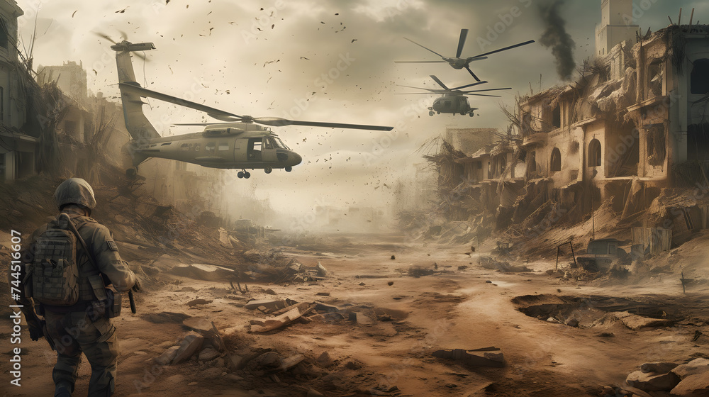 soldier with army in sand storming ruins and helicopters Stock ...