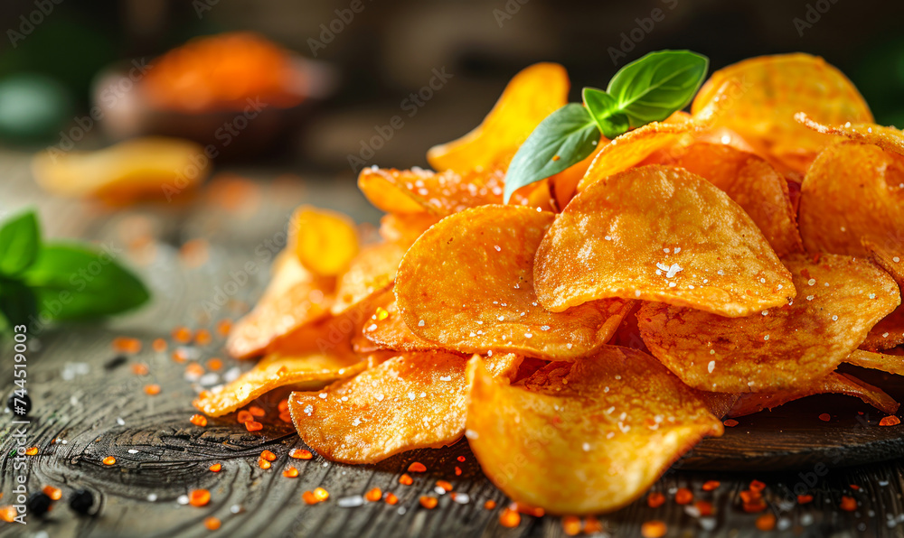 Crispy golden potato chips piled high, showcasing the texture and ...