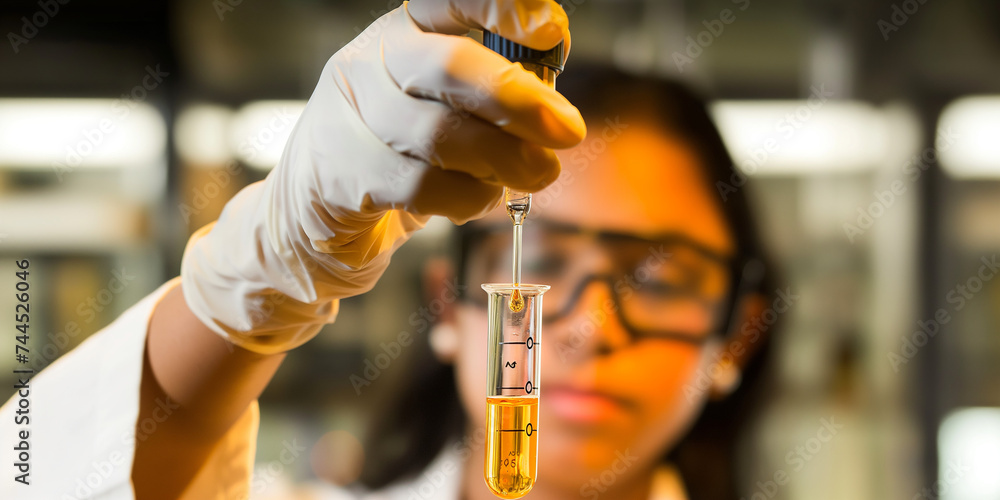 Scientist conducts experiments in a lab, pouring liquids into glass ...