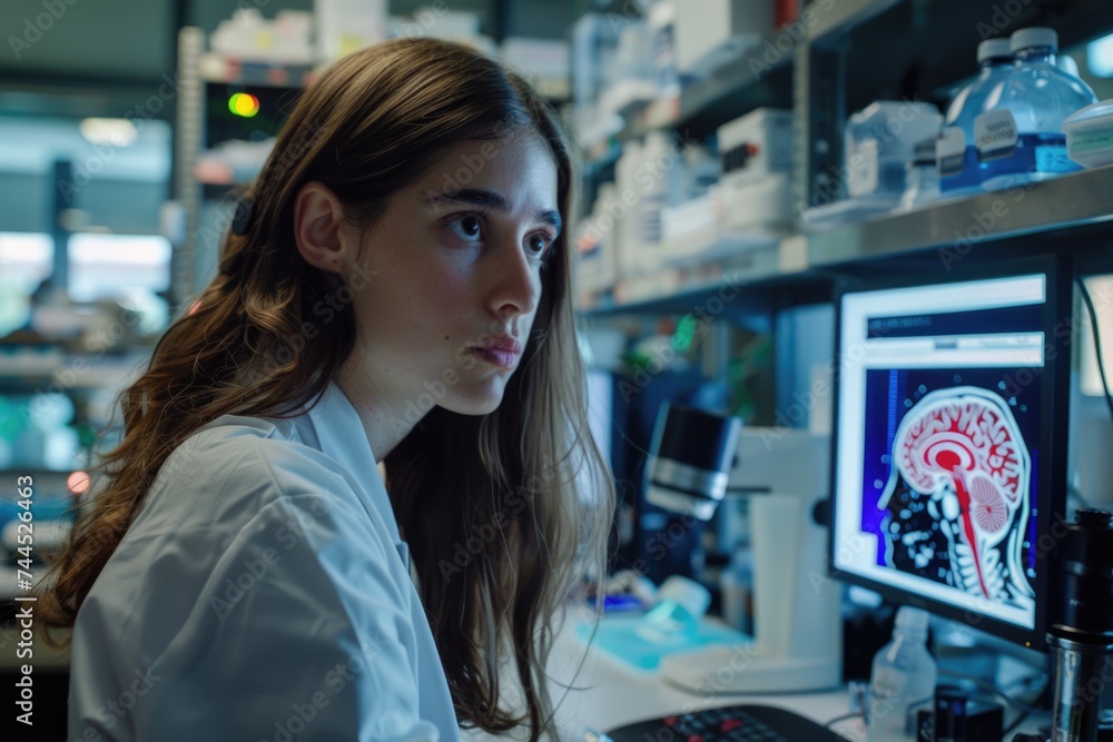 Young scientist examining MRI brain scans on a computer screen in a ...