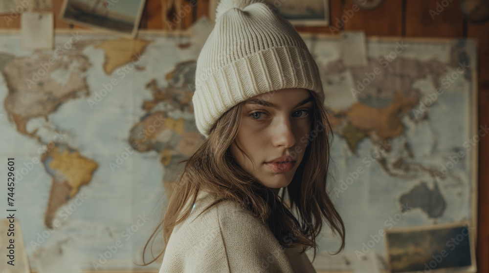beautiful woman wearing a cream beanie hat on map background. Model ...