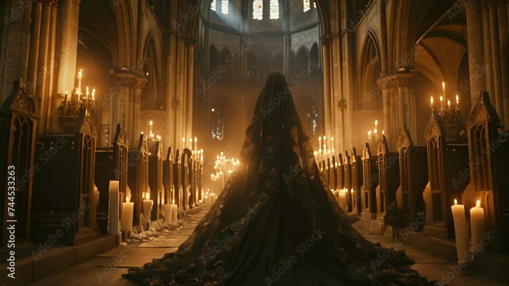 In a candlelit cathedral a gothic bride walks down the aisle in a ...