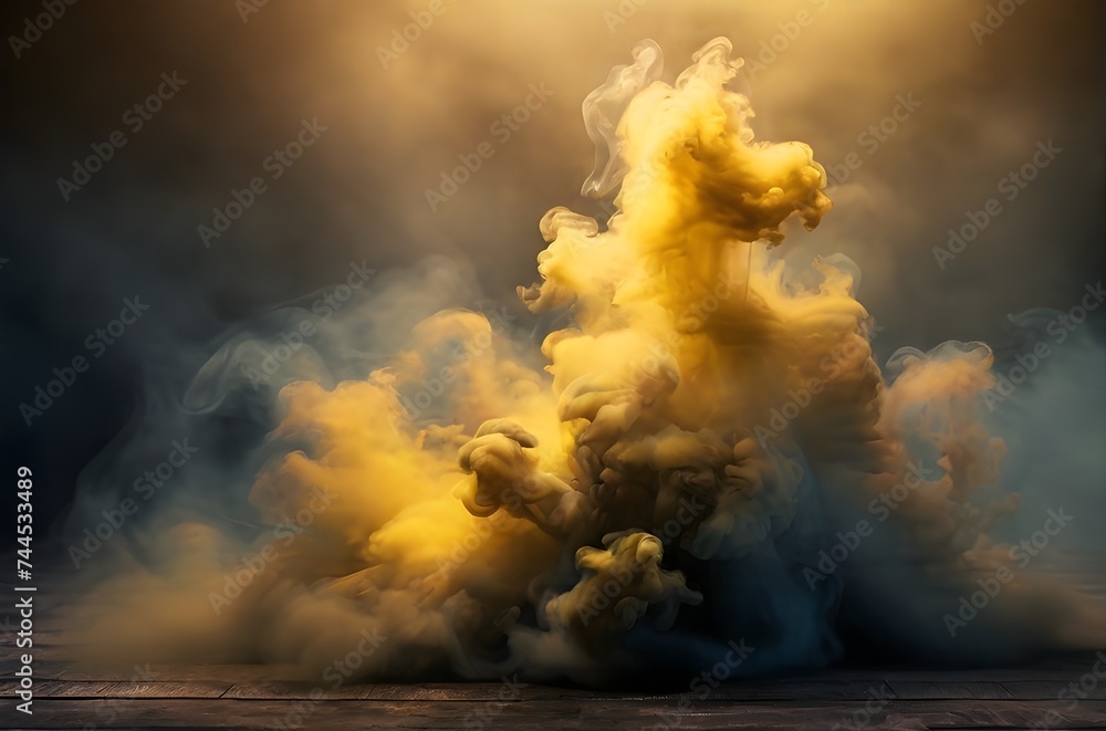 Fog, smoke, yellow smog clouds on floor, mist over the ground. Swirling ...