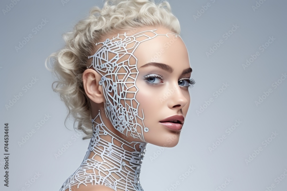 Stunning female cyborg model in elegant white and blue fashion on solid ...