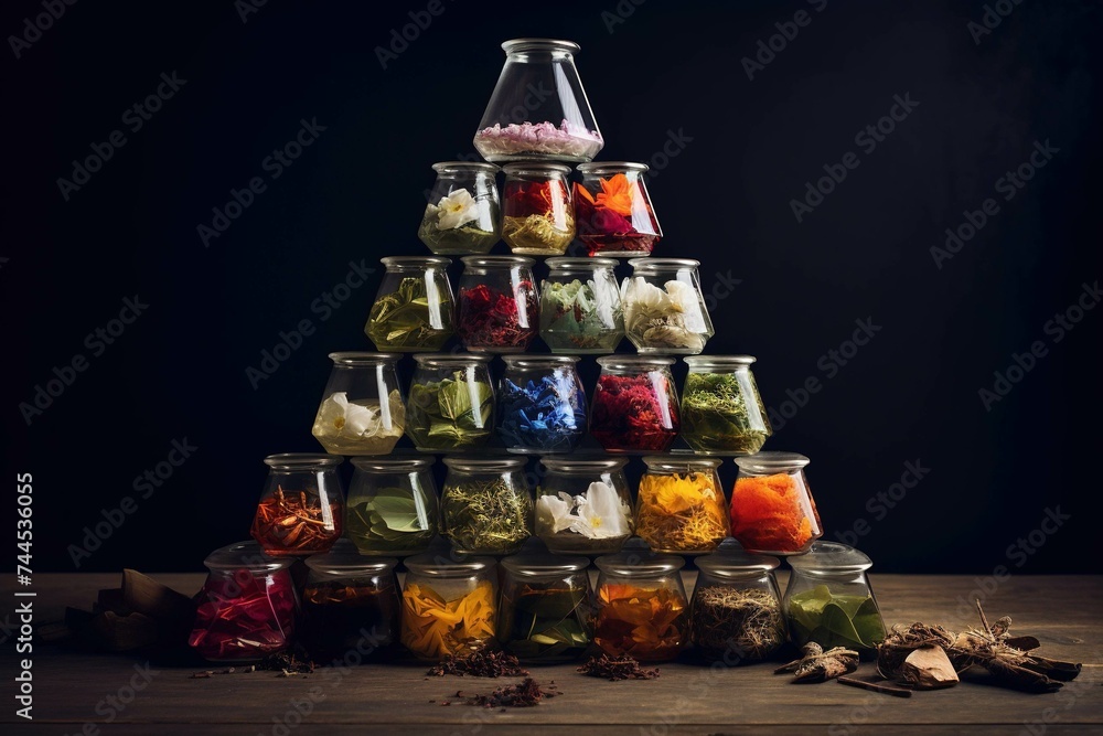 Multiple tea varieties in glass jars, stacked in the form of a pyramid ...