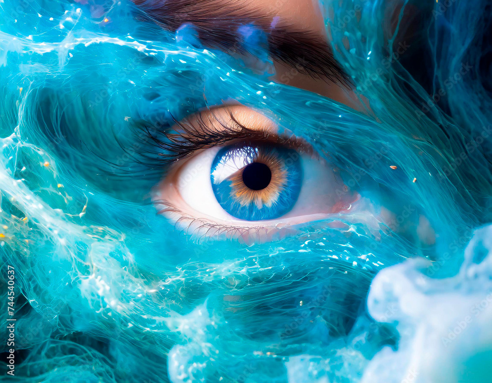 Detail taken from above of a clear female eye emerging from a Turquoise ...
