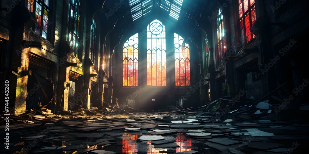 Iridescent sunlight illuminates eerie abandoned gothic factory ...