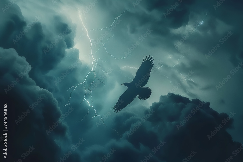 a majestic Thunderbird soaring high above storm clouds its wings spread ...