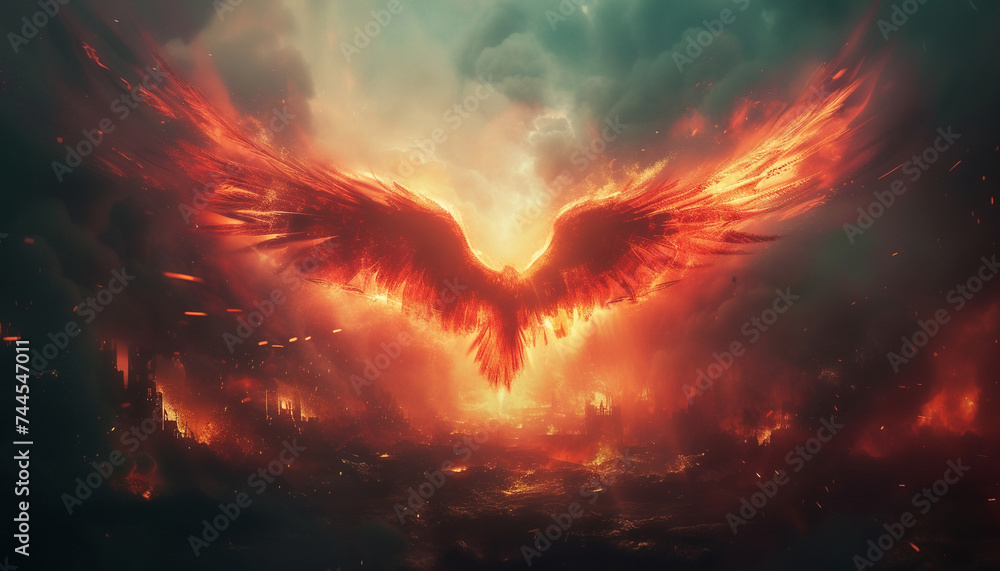 an epic illustration of a mythical phoenix rising from the ashes of a ...