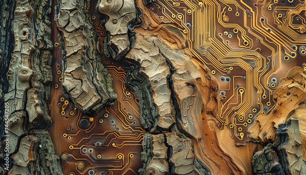 close up of a tree bark that subtly morphs into a printed circuit board ...