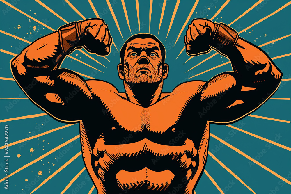 comic book style rendering of a wrestlers victory pose bold lines and ...
